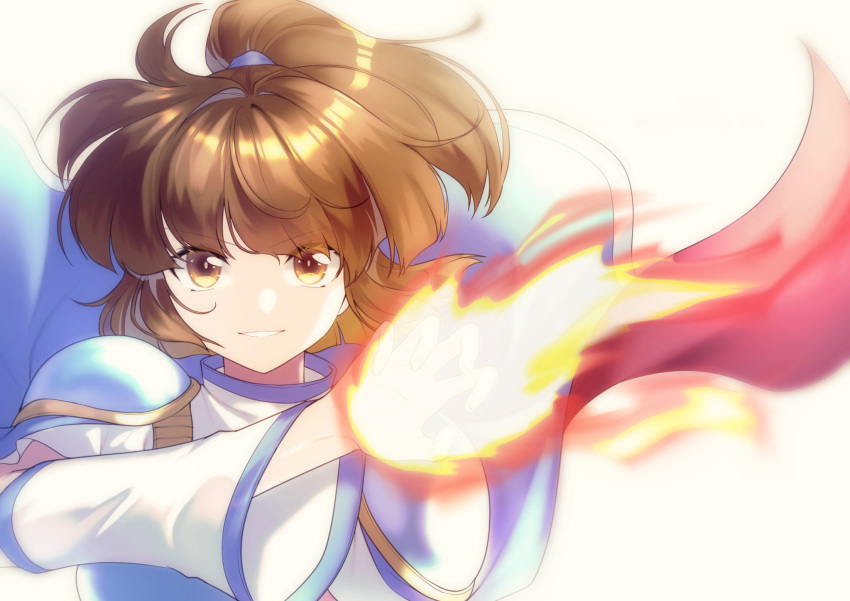 Safebooru - 1girl arle nadja blue cape brown hair cape detached sleeves fire highres looking at ...