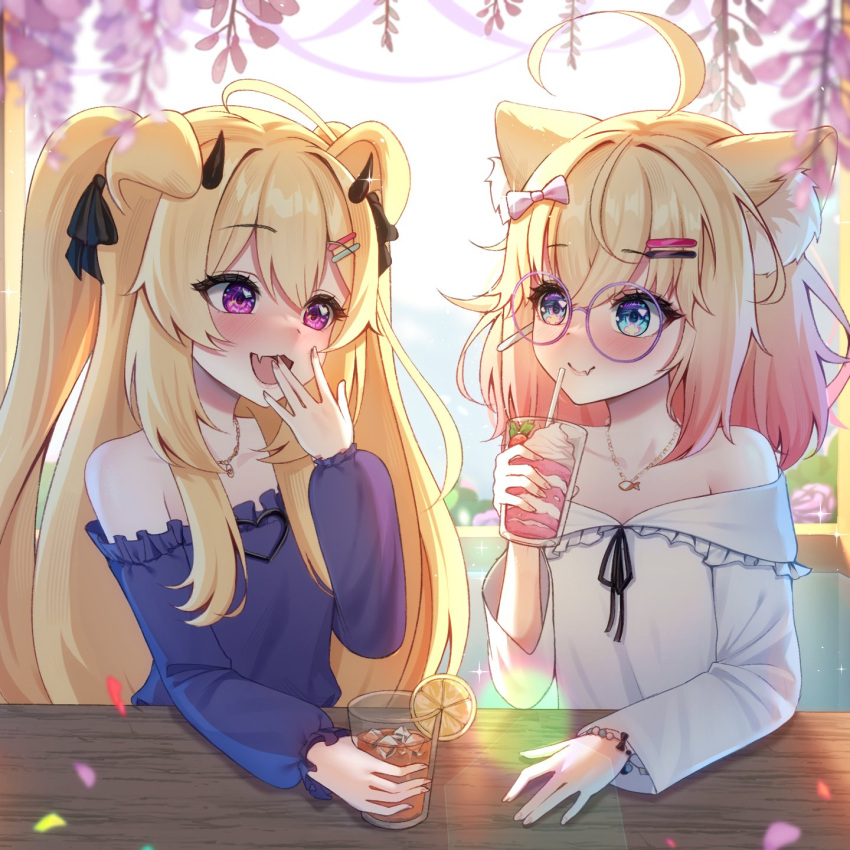 Safebooru - 2girls ahoge animal ears armpit crease black horns blonde ...
