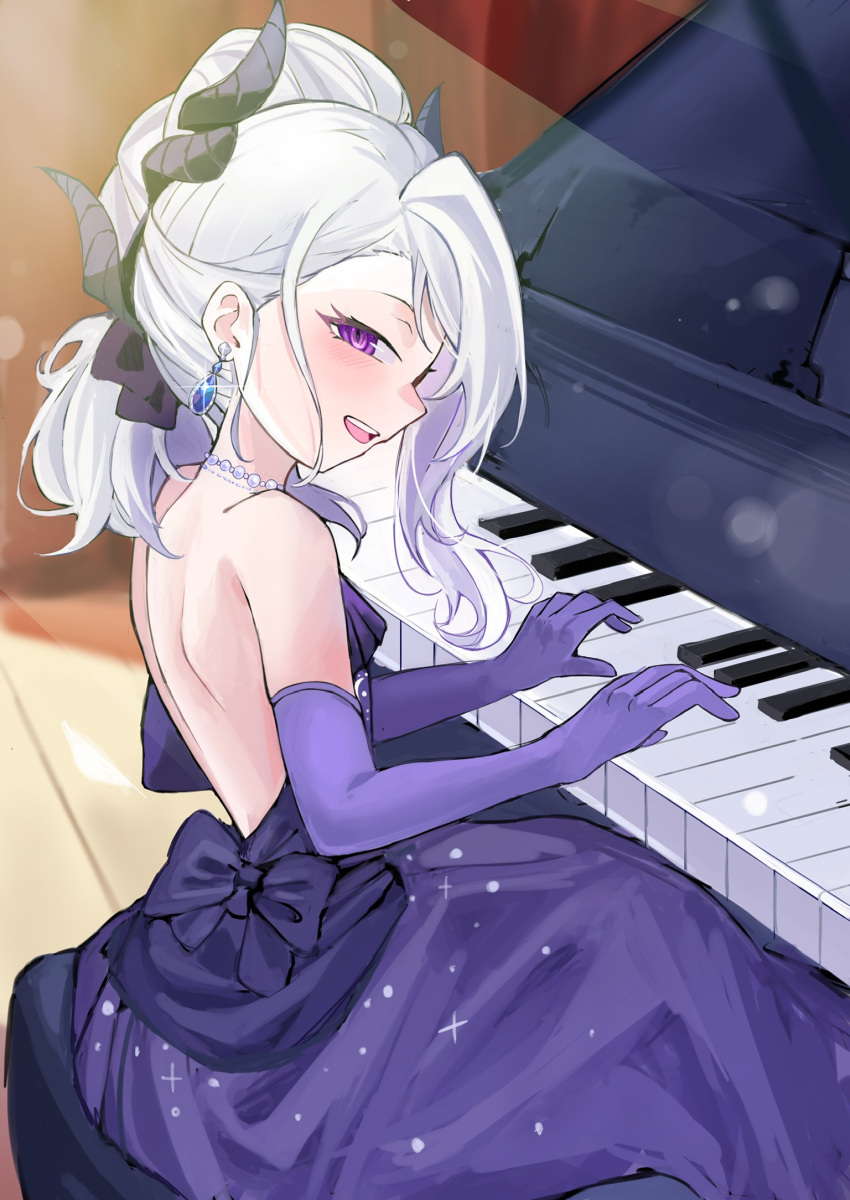 Safebooru - 1girl back blue archive breasts demon girl demon horns earrings elbow gloves gloves ...