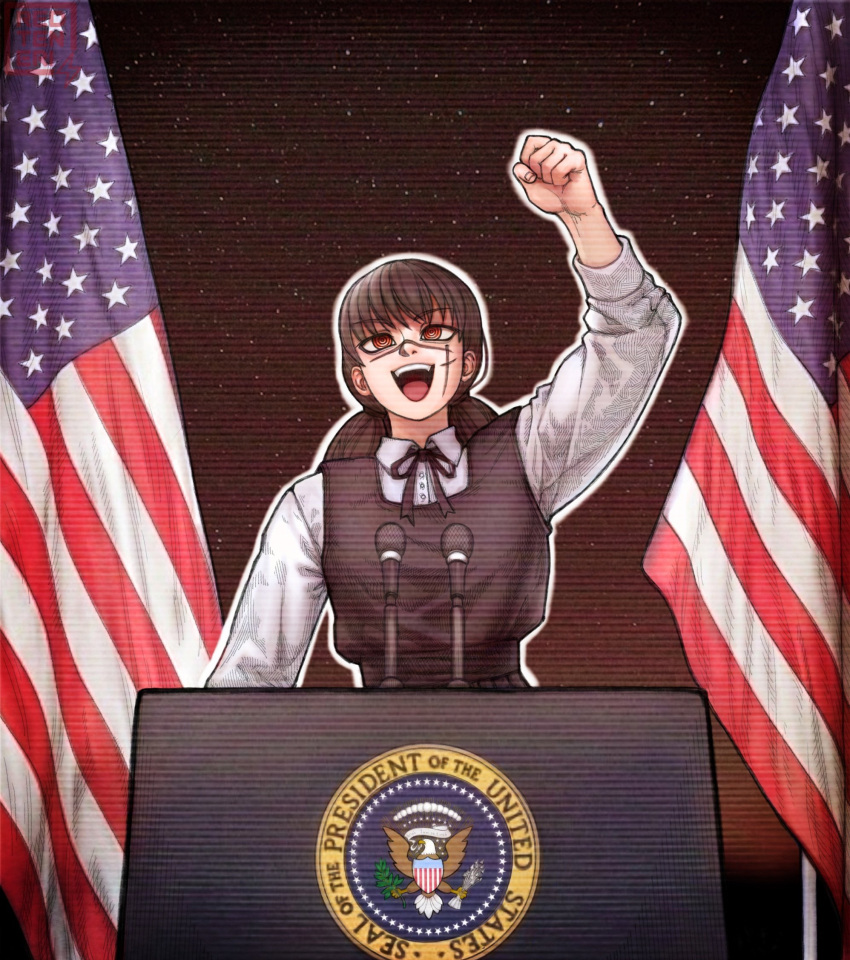 Safebooru - 1girl american flag bald eagle bird black background black hair chainsaw man ...