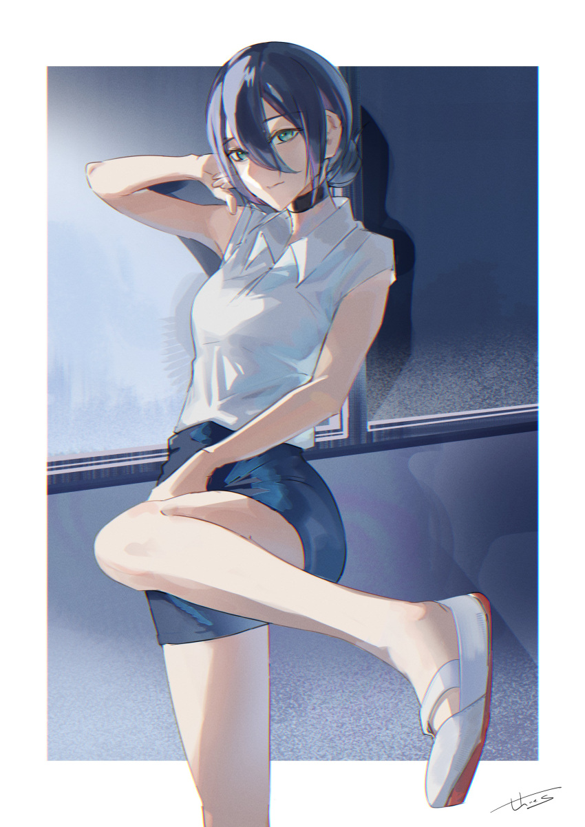 Safebooru - 1girl absurdres arm up black choker border chainsaw man choker collared shirt green ...