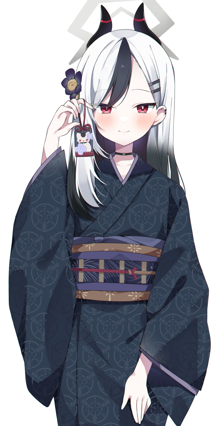 Safebooru - 1girl absurdres asymmetrical bangs black choker black flower black hair black kimono ...