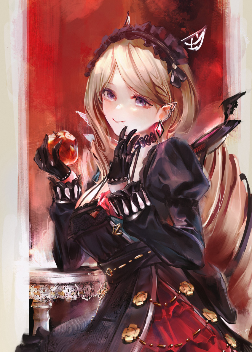 Safebooru - 1girl absurdres aki rosenthal apple blonde hair detached hair earrings food frilled ...