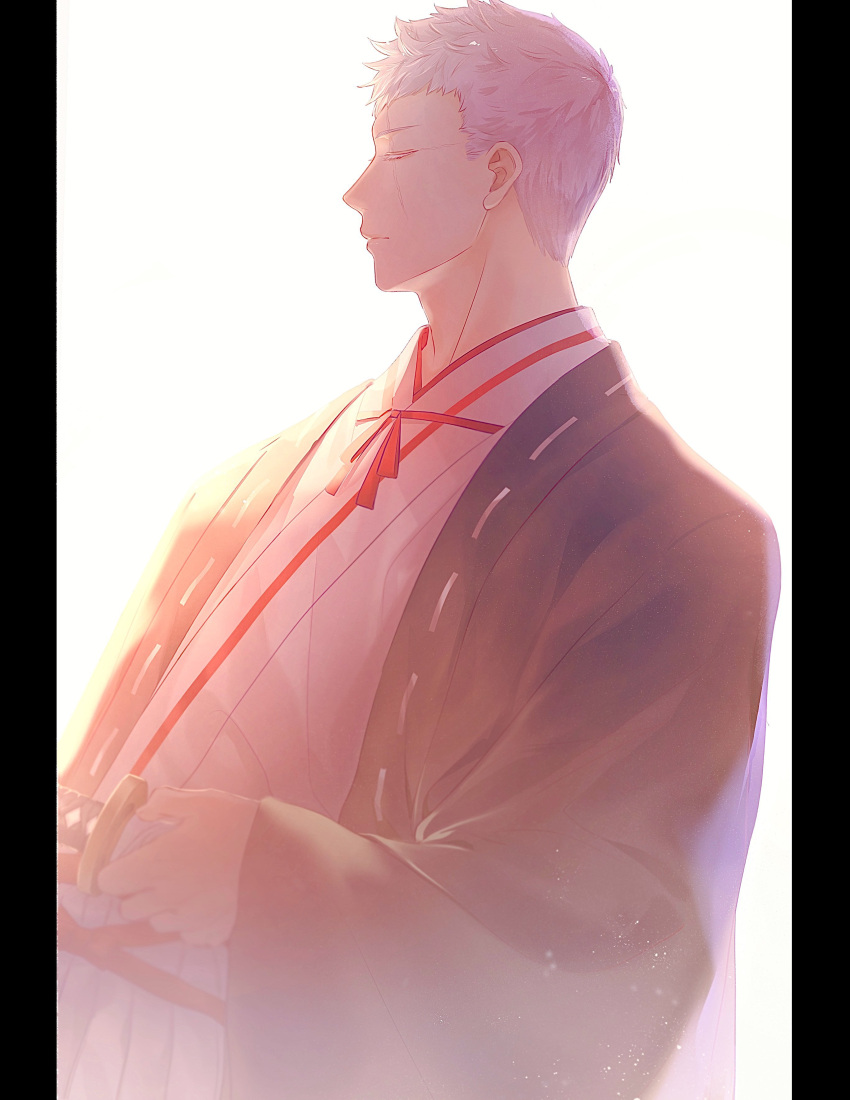 Safebooru - 1boy absurdres blind closed eyes facing to the side haori ...