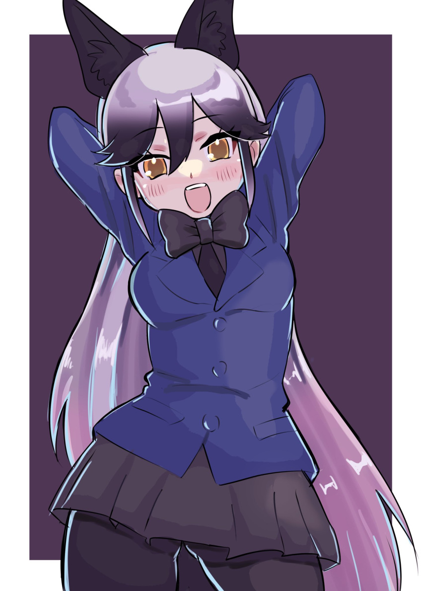 Safebooru - 1girl animal ears arms behind head arms up black bow black bowtie black hair black ...