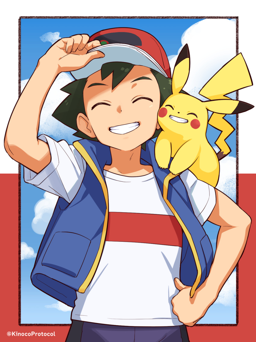 Safebooru - 1boy arm up ash ketchum blue jacket closed eyes commentary grin hand on headwear ...