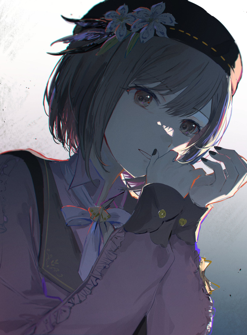 Safebooru - 1girl absurdres black nails bow bowtie brown eyes brown hair collared shirt ...