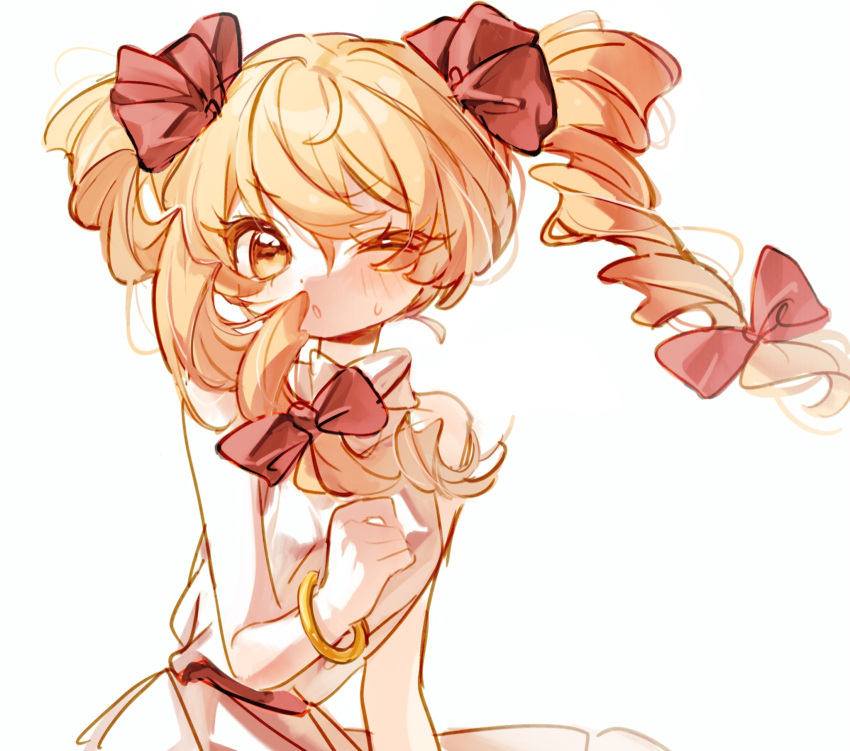 Safebooru - 1girl ;o blonde hair bow bracelet dress drill hair hair between eyes hair bow hand ...