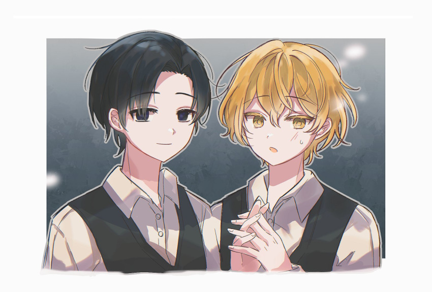 Safebooru - 2boys black hair black vest blonde hair blue eyes chromatic aberration closed mouth ...