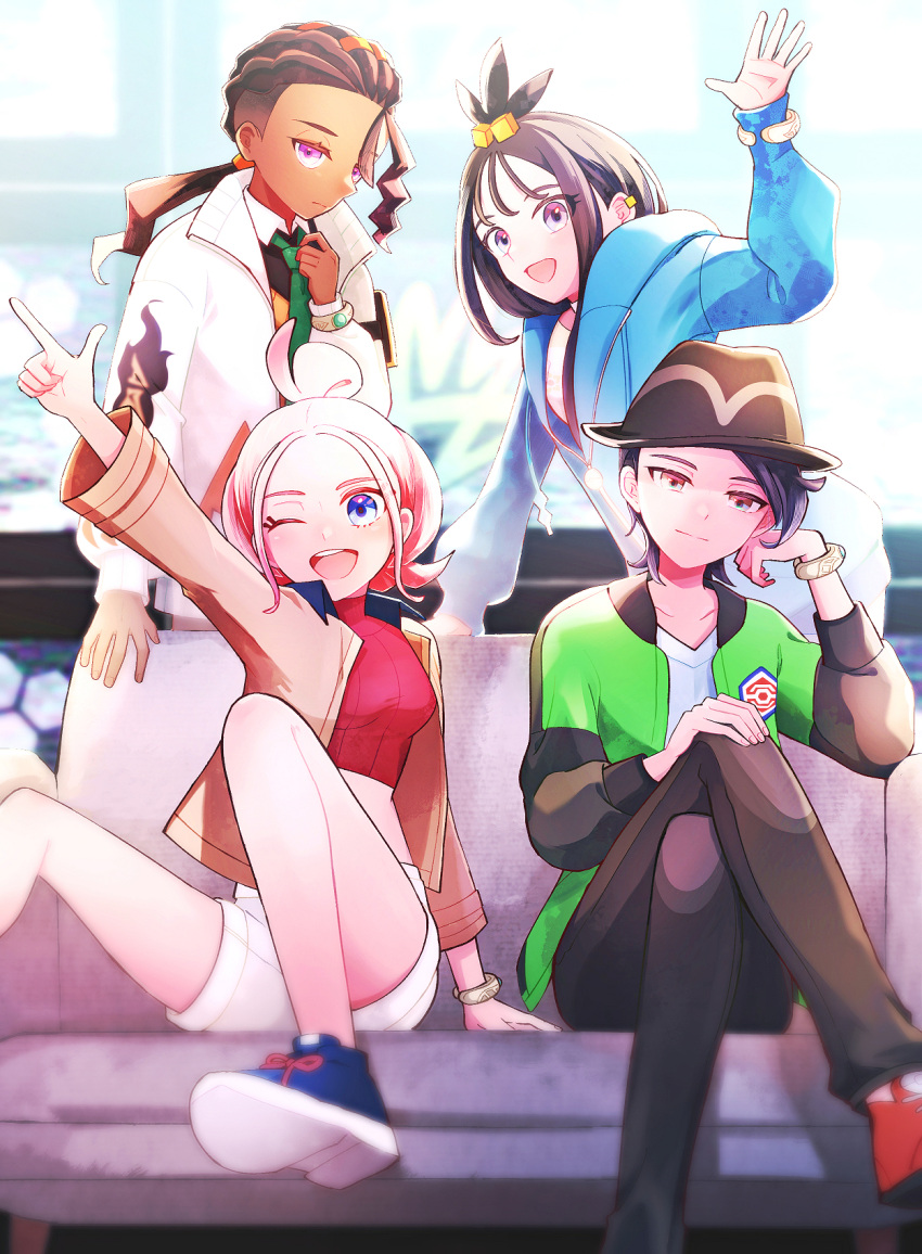 Safebooru - 2boys 2girls black hair black hat black pants blue hoodie ...