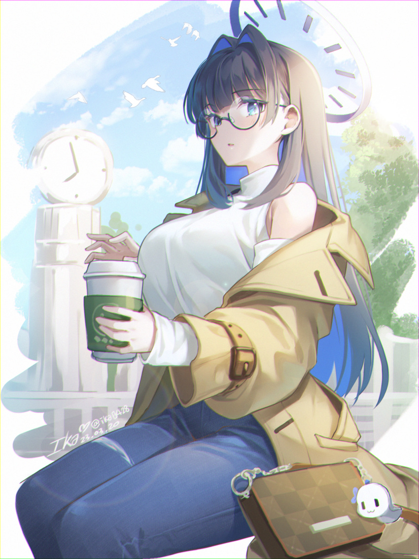 Safebooru 1girl Bag Blue Eyes Blue Hair Breasts Brown Coat Clock Coat 4747