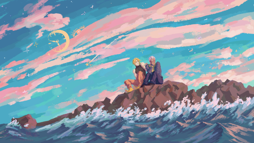 Safebooru - 2boys absurdres blonde hair clock clouds cloudy sky ...