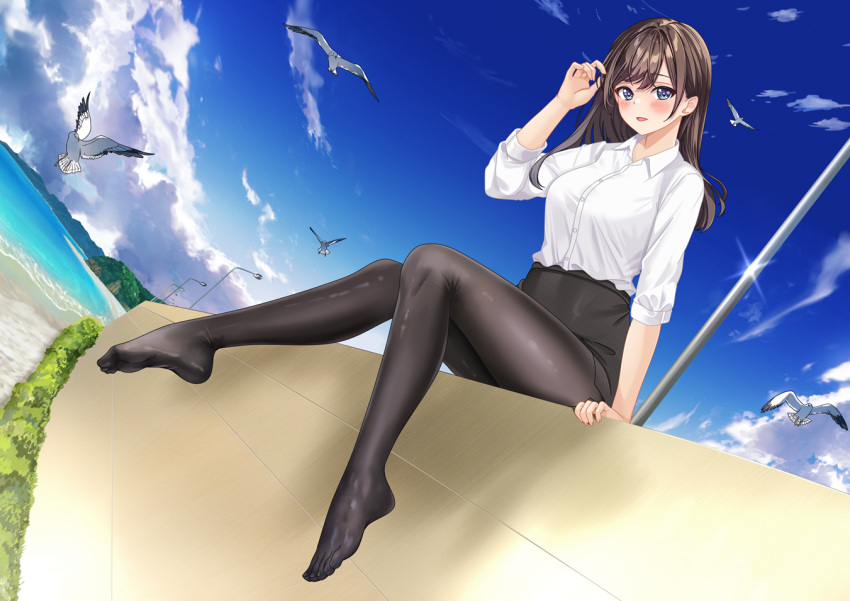 Safebooru - black pantyhose blue eyes blush brown hair embarrassed feet hand in own hair legs ...