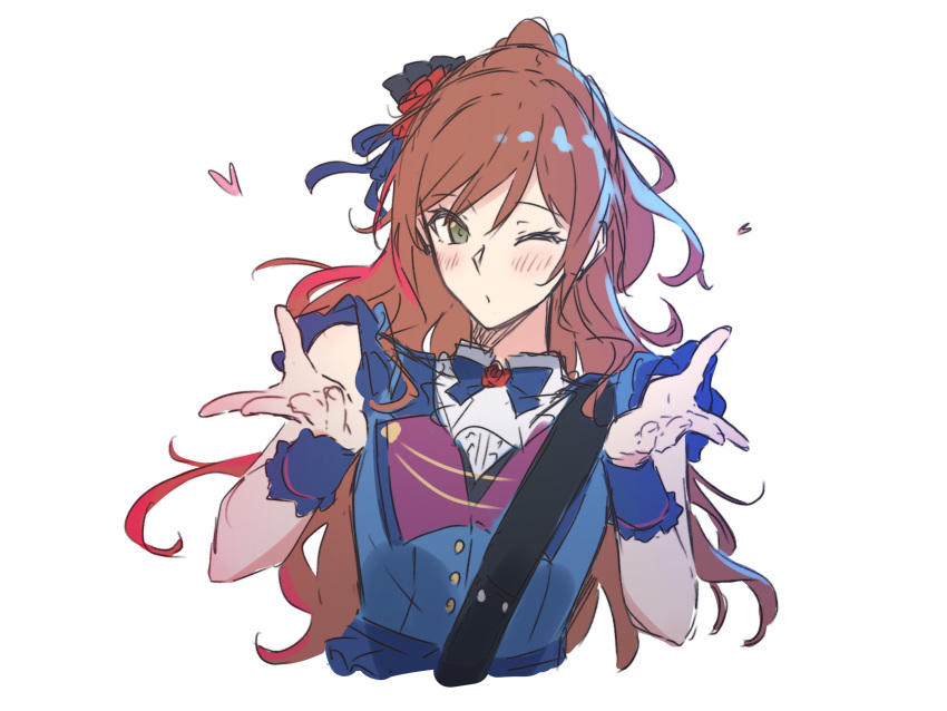Safebooru - 1girl absurdres bang dream! blowing kiss blue vest blue wrist cuffs blush brown hair ...