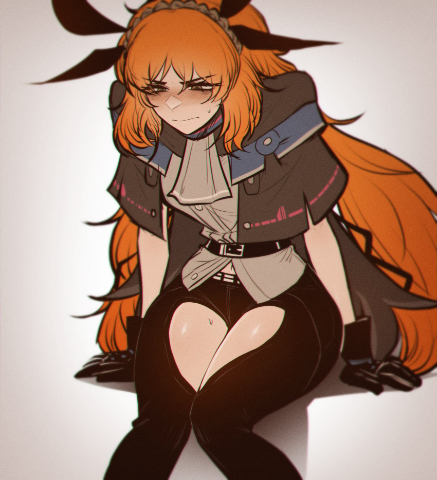 Safebooru - 1girl arm support ascot belt black belt black capelet black gloves black pants blush ...