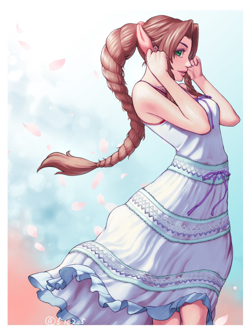 Safebooru - 1girl 5tatsu aerith gainsborough bare arms bare shoulders braid braided ponytail ...