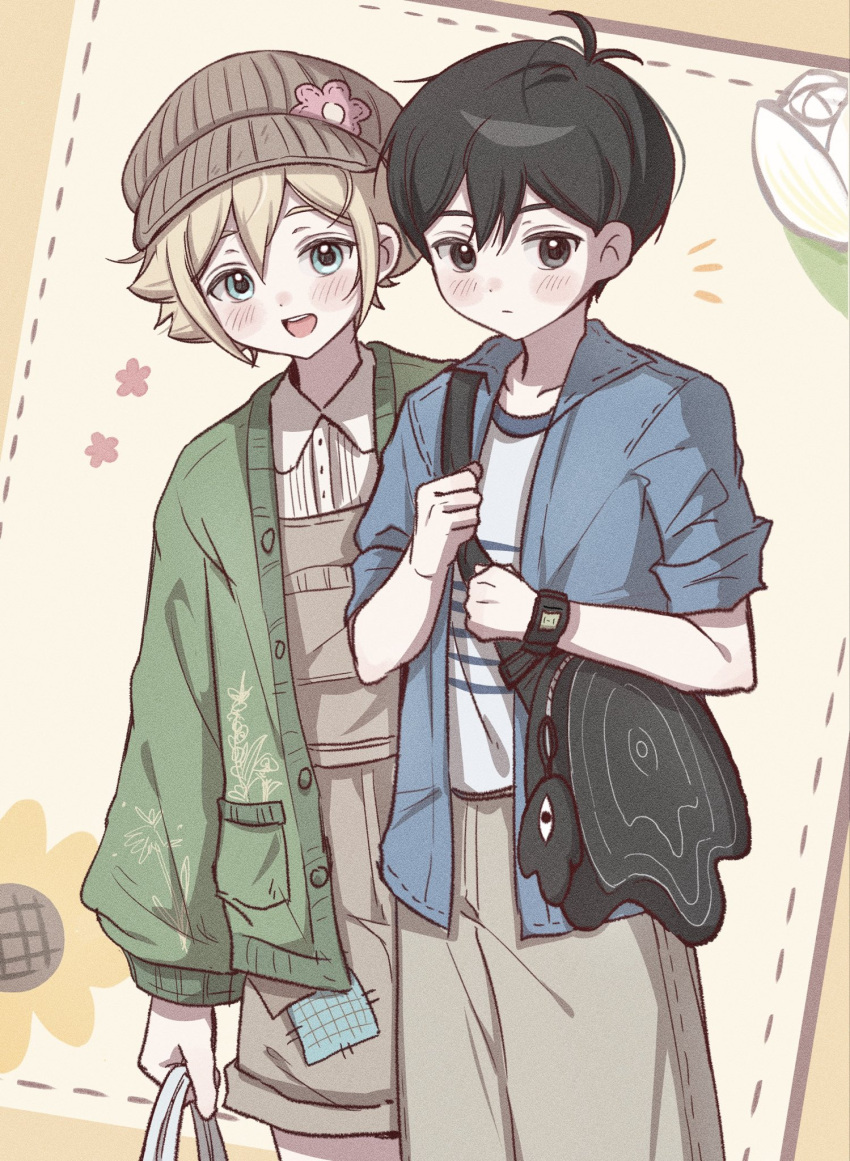 Safebooru - 2boys antenna hair bag bag charm basil (birthday) (omori ...