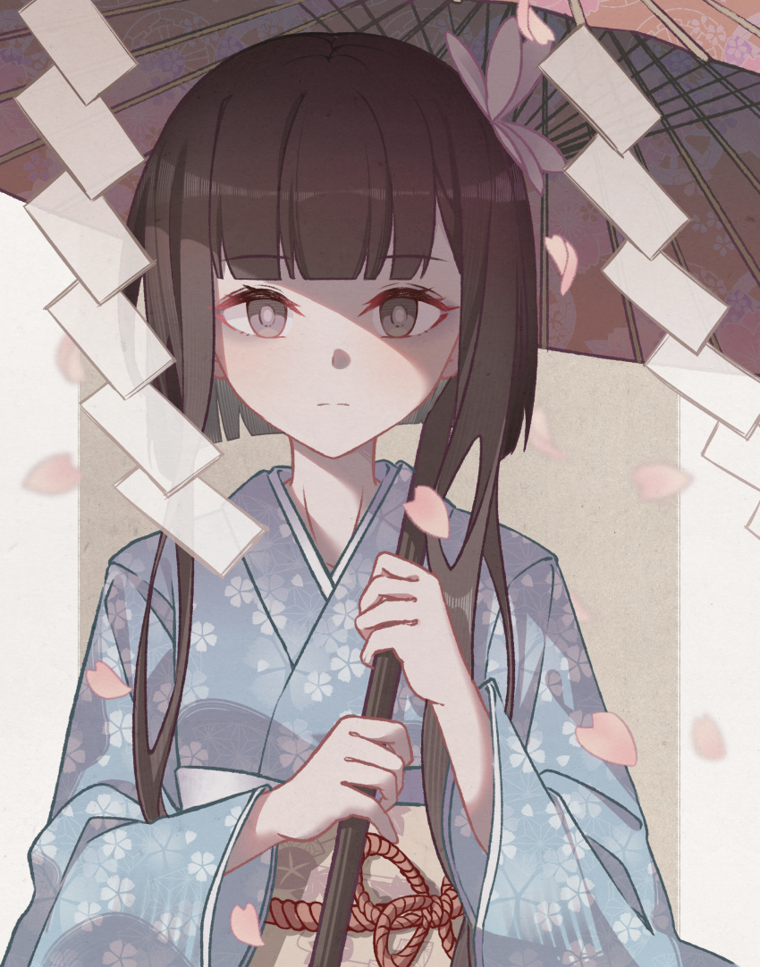Safebooru - 1girl absurdres blue kimono blunt bangs border brown eyes brown hair brown sash ...