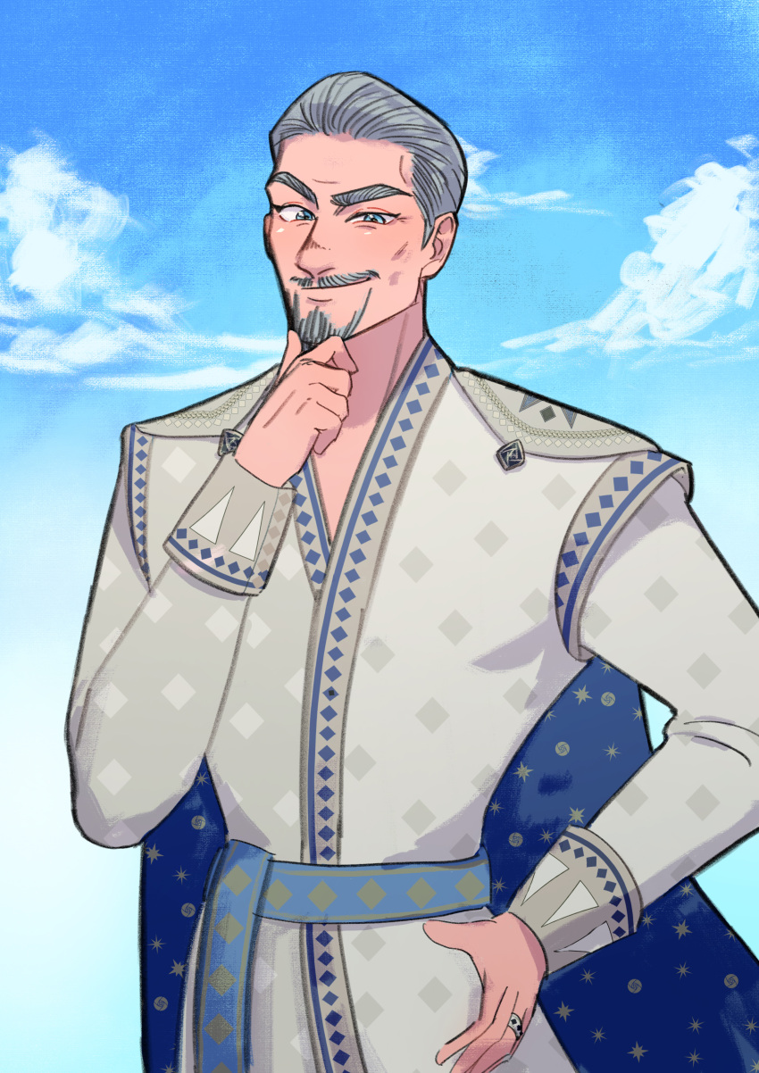 Safebooru - 1boy absurdres beard cape clouds day facial hair grey hair ...