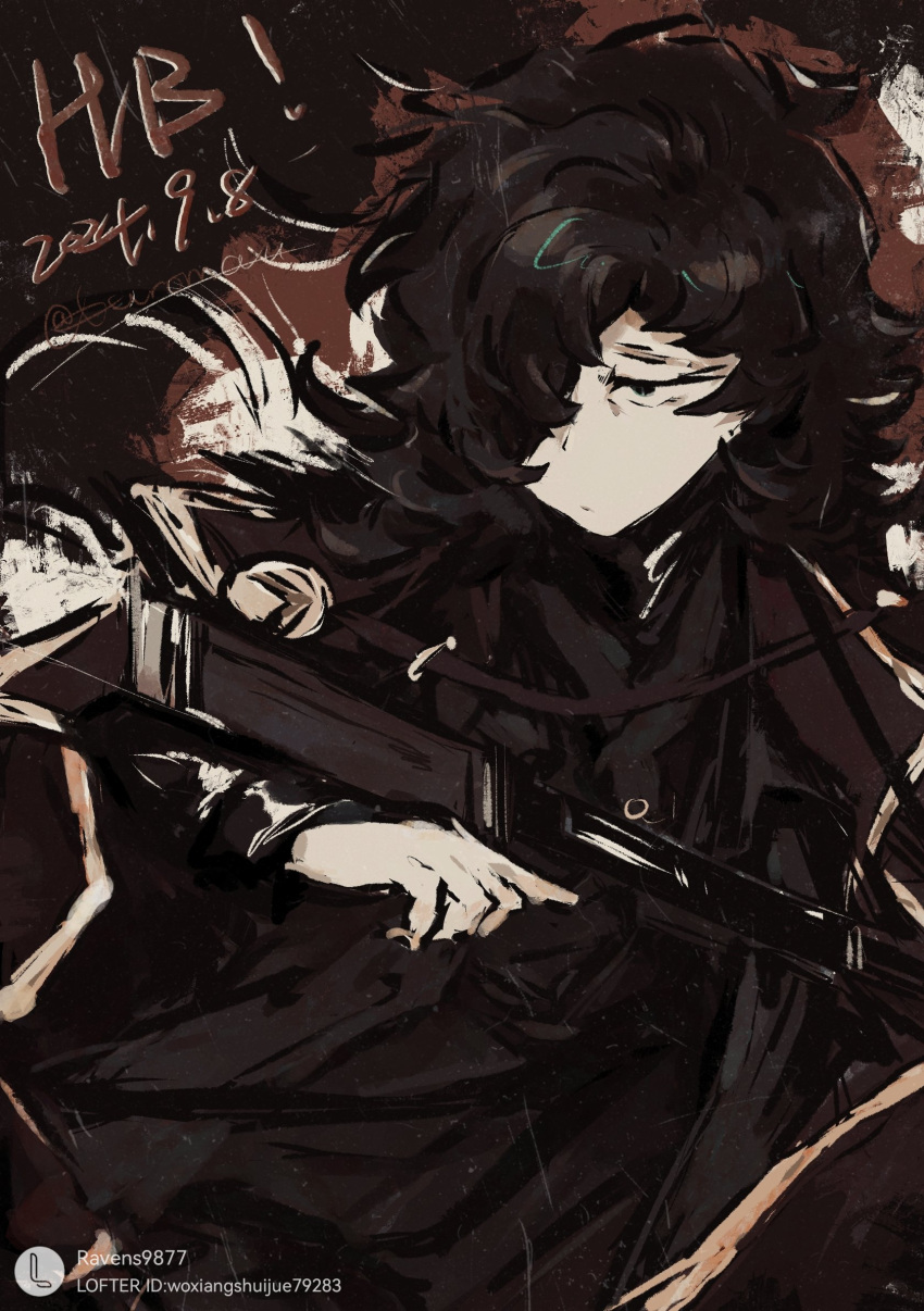Safebooru - 1boy black coat black eyes brown background brown coat ...