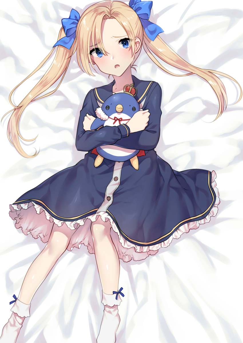 Safebooru - 1boy :o akagi kurage bed sheet blonde hair blue bow blue eyes blush bow crown dress ...