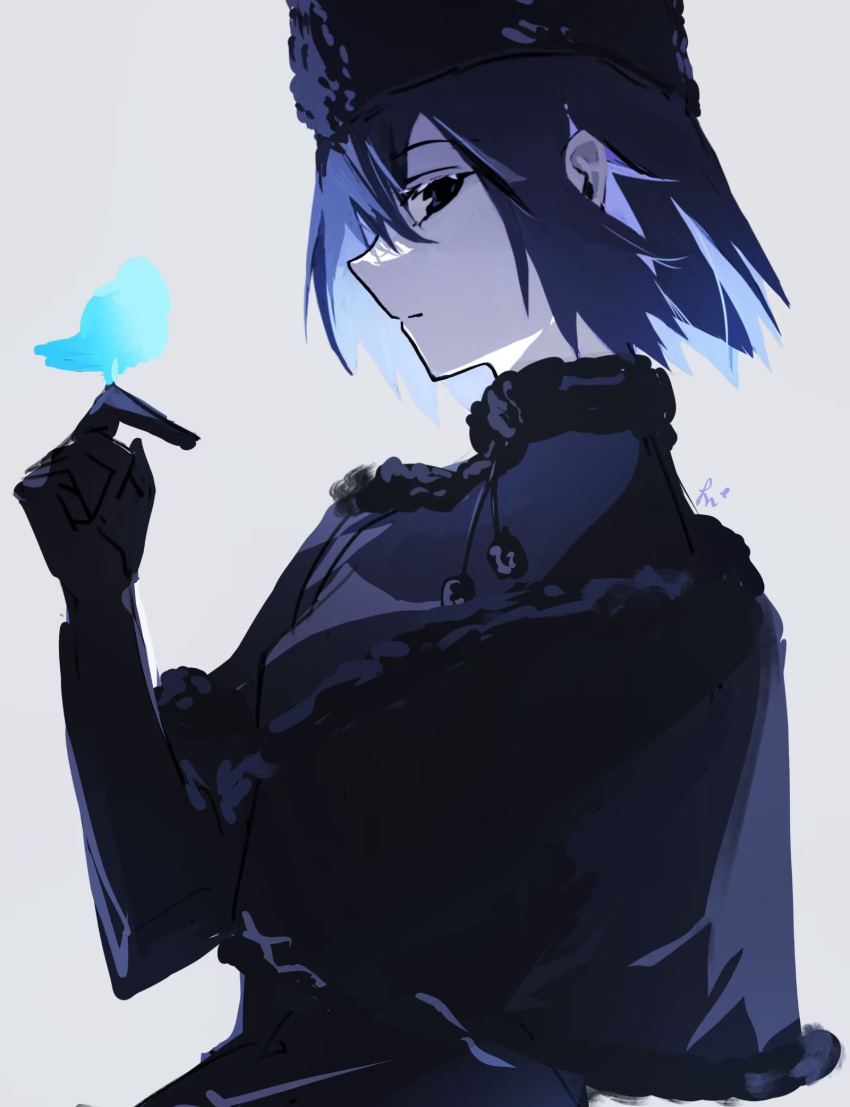 Safebooru - 1girl black dress black eyes black gloves black hair black headwear blue butterfly ...