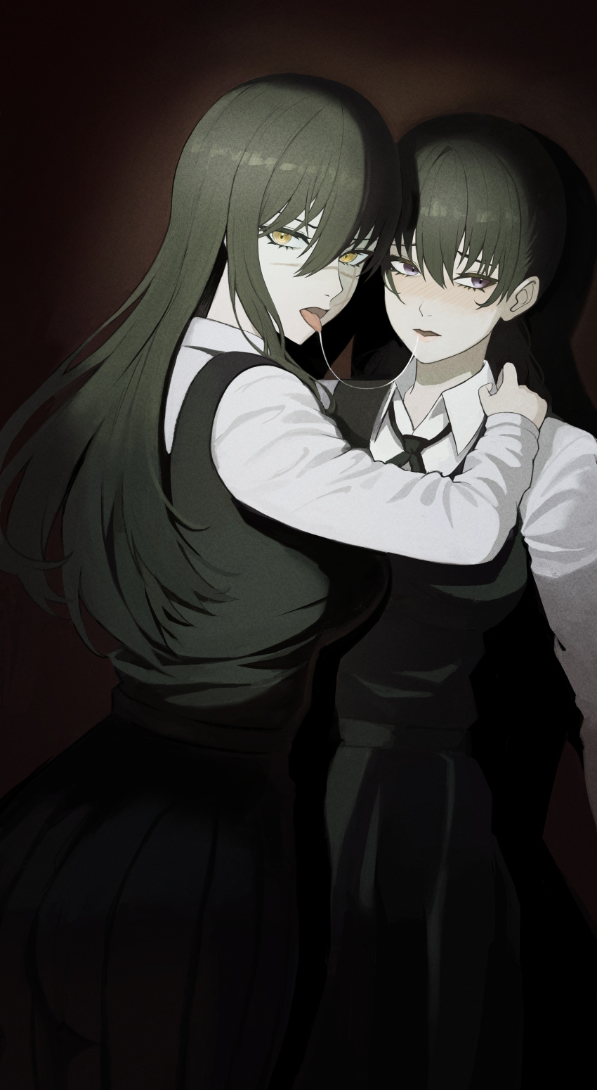 Safebooru - 2girls absurdres after kiss black hair blush chainsaw man collared shirt cross scar ...