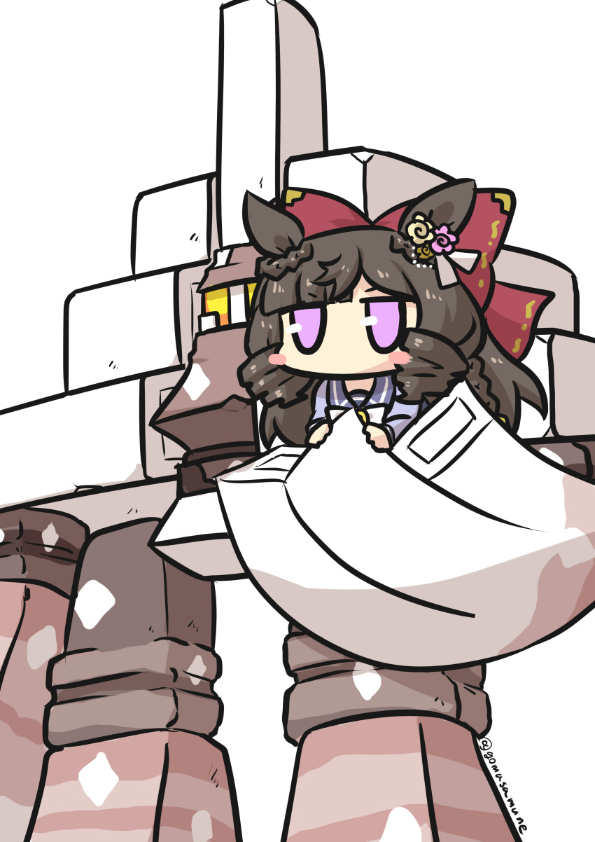 Safebooru - 1girl absurdres animal ears black hair blue shirt blunt bangs bow braid chibi ...