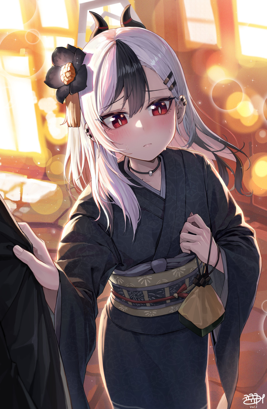 Safebooru - 1girl absurdres black hair black horns black kimono blue archive demon horns flower ...
