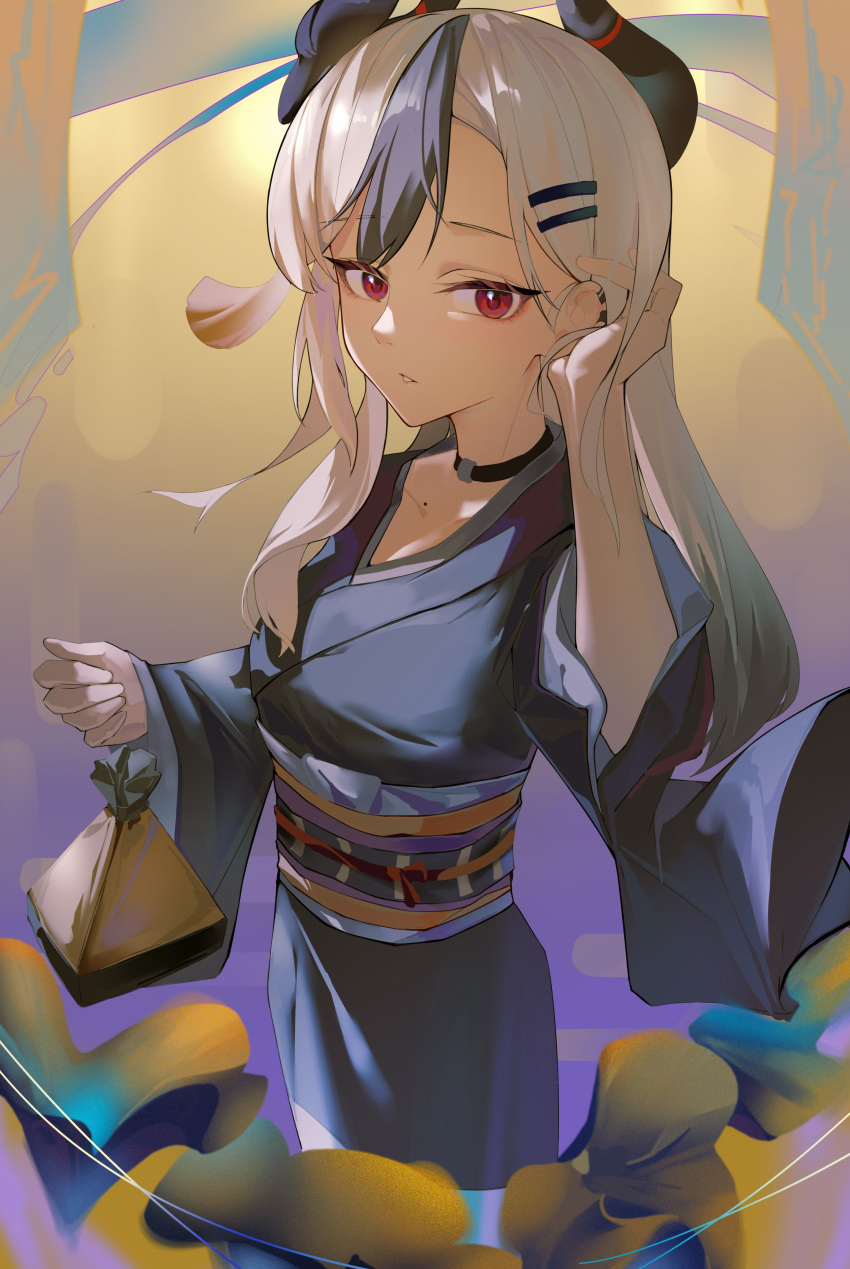 Safebooru - 1girl absurdres black choker black hair black kimono blue archive breasts choker ...