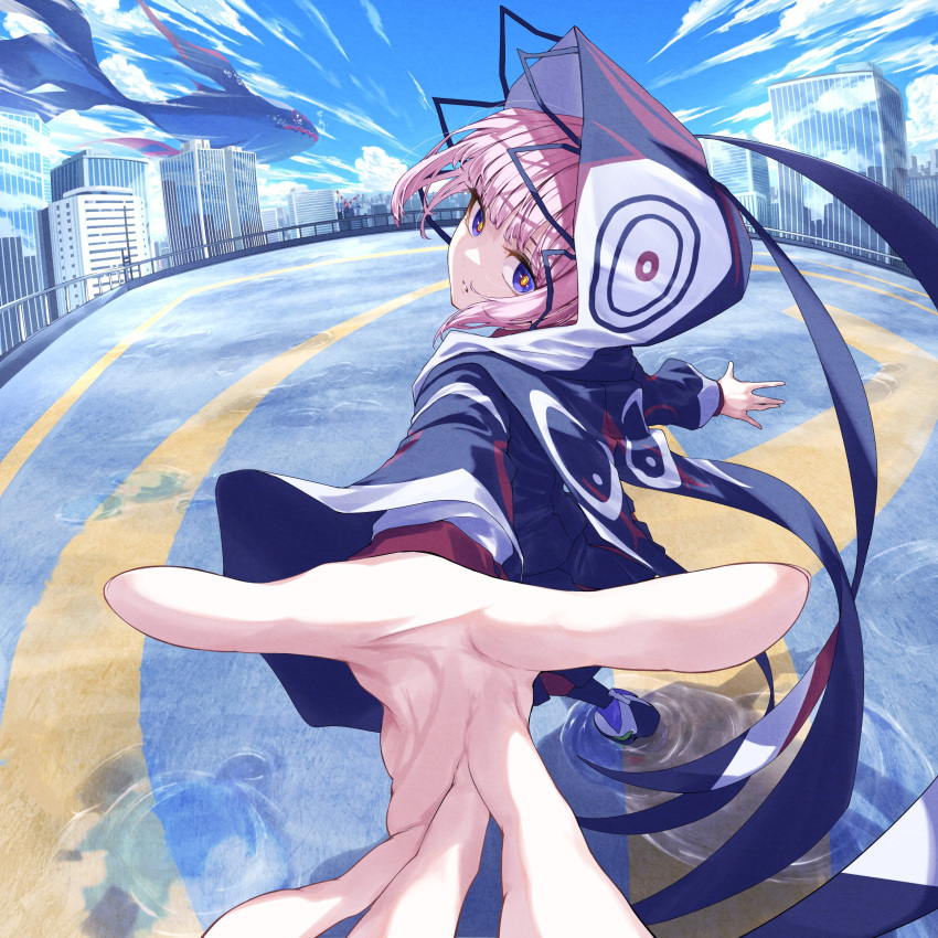 Safebooru - 1girl absurdres blue eyes blue jacket blue sky building ...