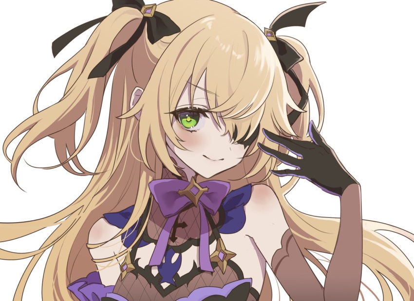 Safebooru - 1girl black gloves black ribbon blonde hair blush bow bowtie collar commentary ...