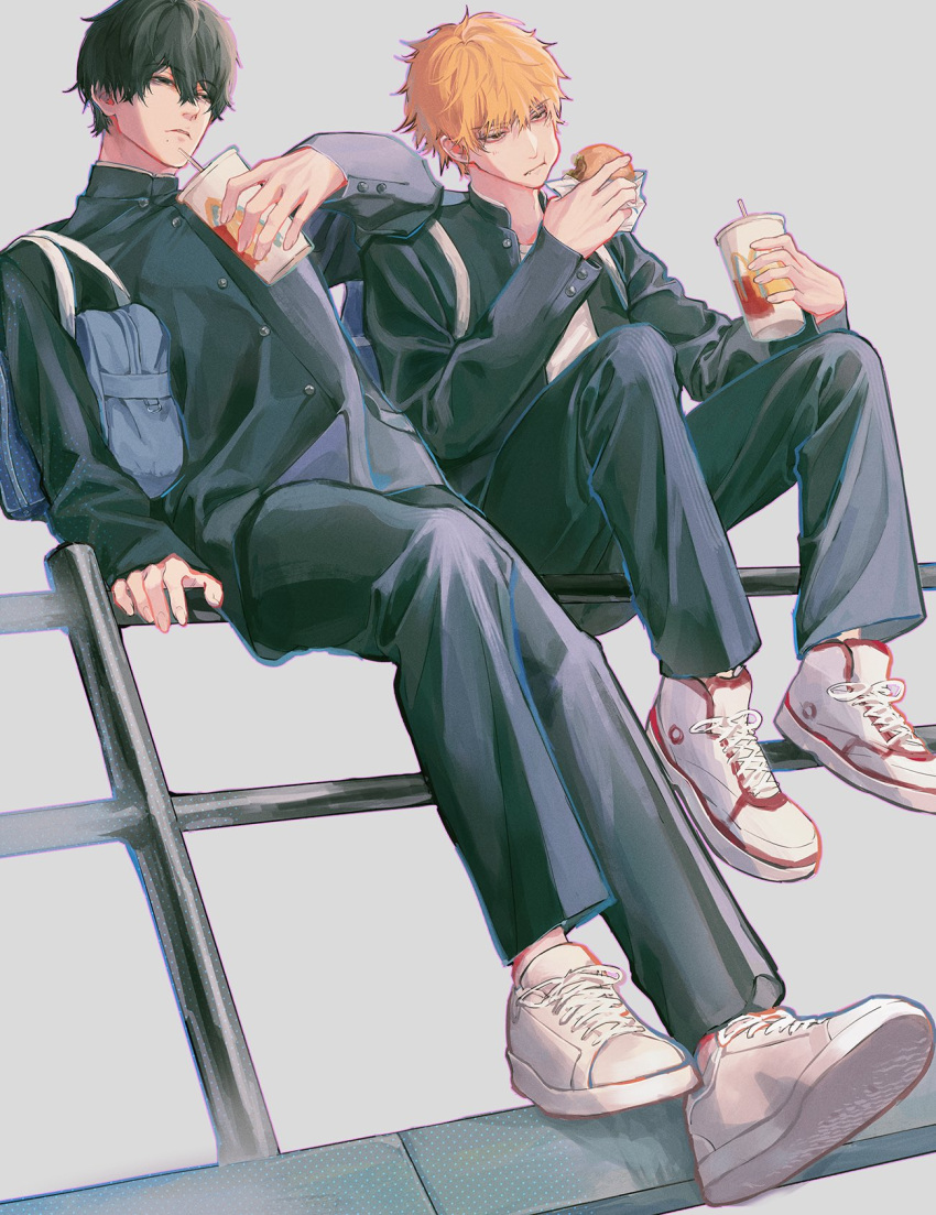 Safebooru - 2boys black eyes black hair blonde hair burger buttons ...