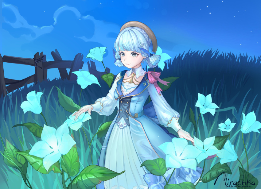 Safebooru - 1girl blue flower butterfly hair ornament dress flower genshin impact grass grey ...