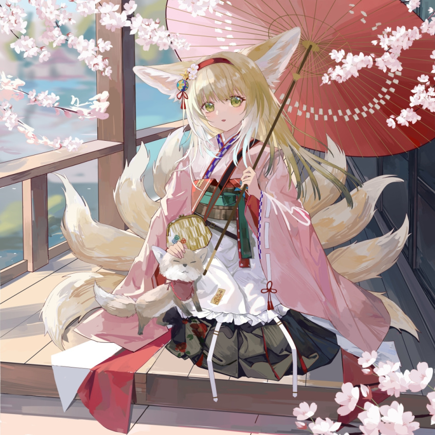 Safebooru - 1girl animal ears apron architecture arknights black hakama blonde hair cherry ...