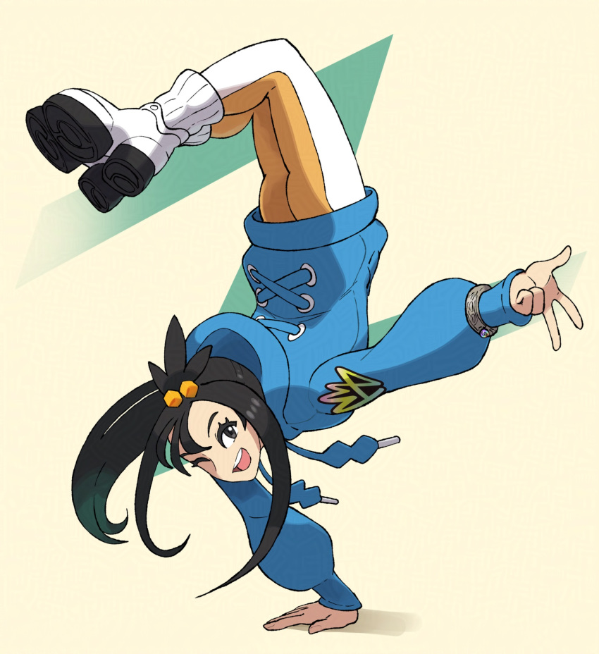 Safebooru - 1girl black hair blue hoodie breakdance cube hair ornament ...
