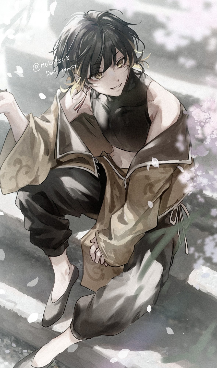 Safebooru - 1boy bachira meguru black footwear black hair blonde hair blue lock cherry blossoms ...