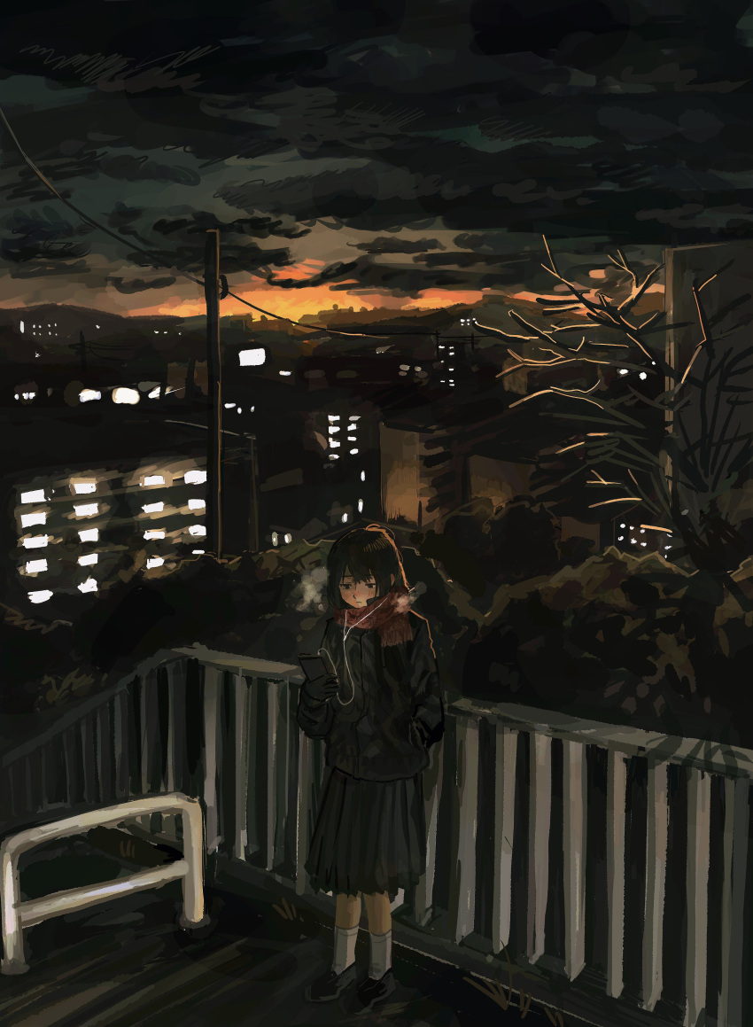Safebooru - 1girl absurdres against railing bare tree black gloves ...