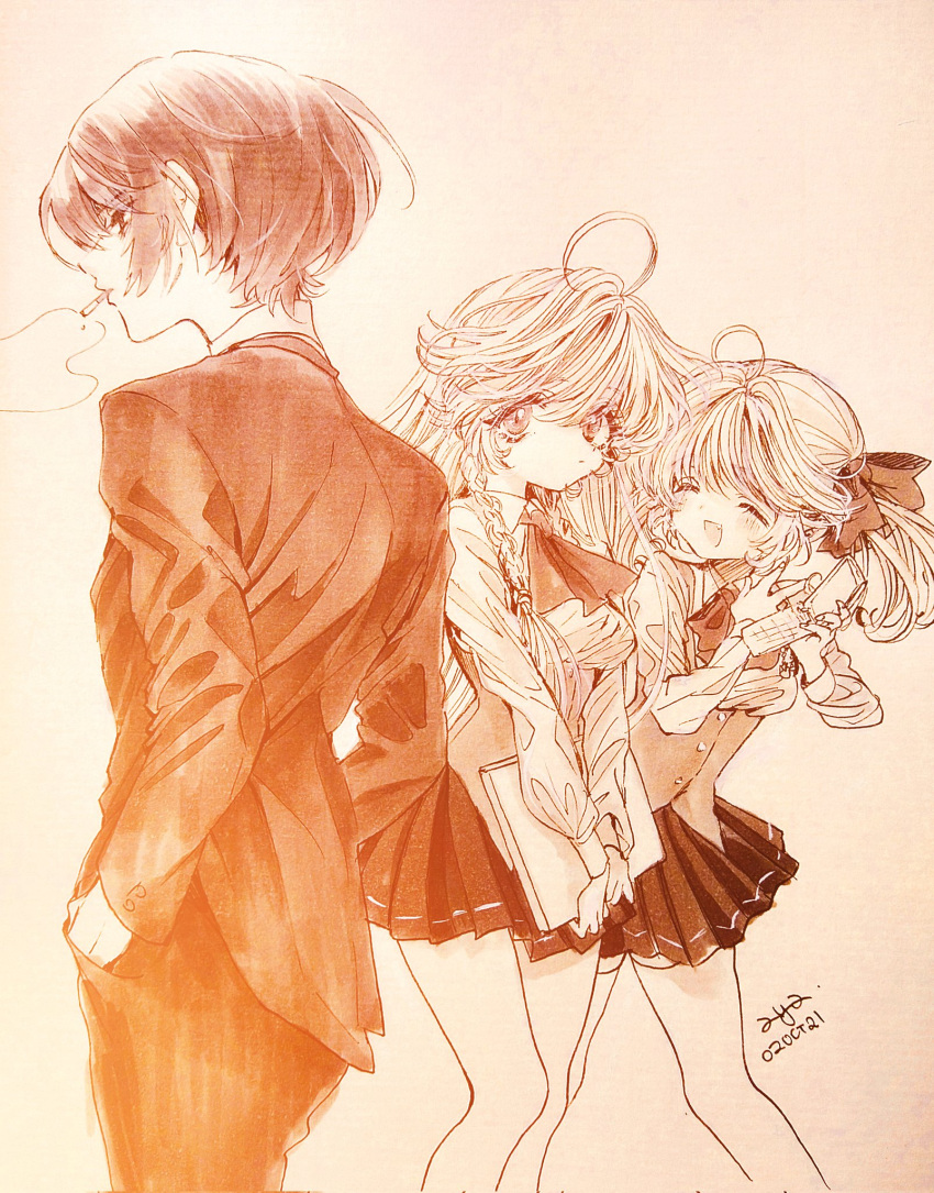 Safebooru - 1boy 2girls ahoge aya carmine braid cellphone cigarette ...