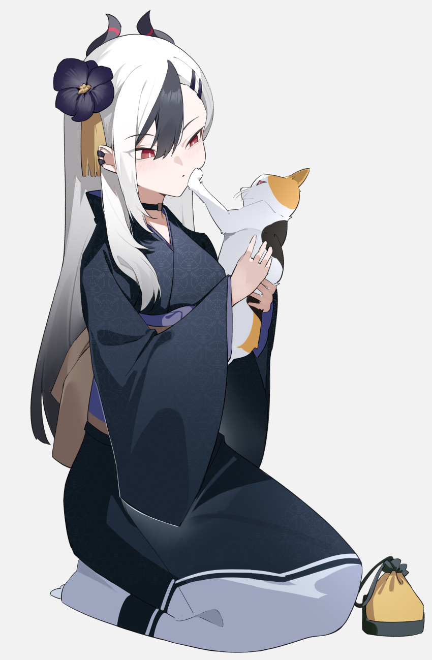 Safebooru - 1girl absurdres animal black choker black flower black hair black kimono blue ...