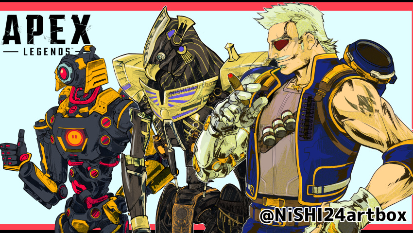 Safebooru - 3boys absurdres apex legends beard blue vest blush cigar ...