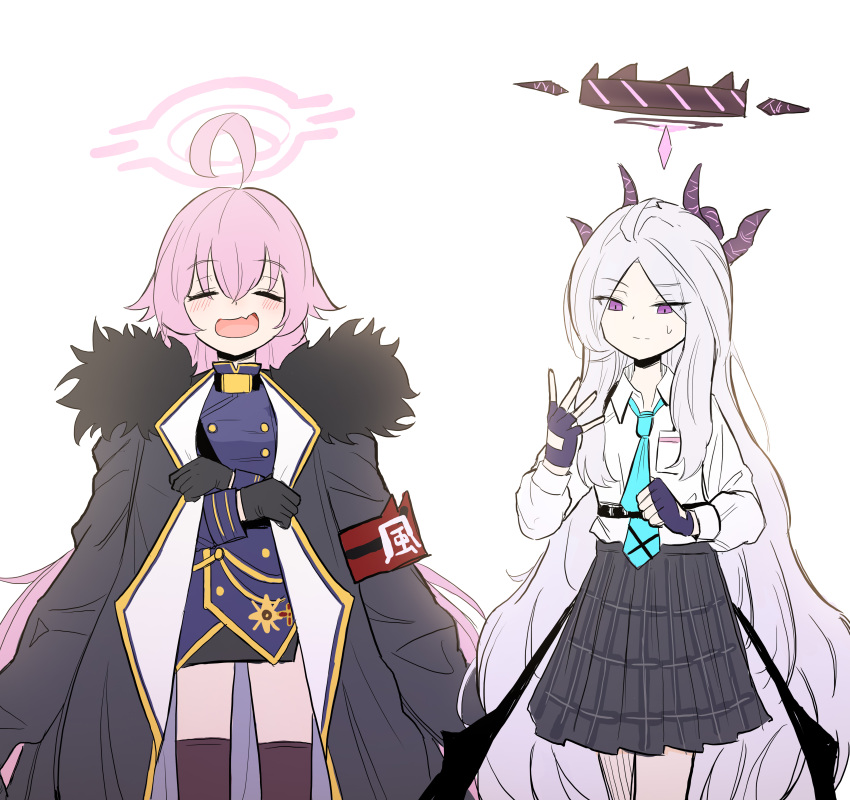 Safebooru - 2girls :d absurdres ahoge alternate costume armband black coat black gloves black ...