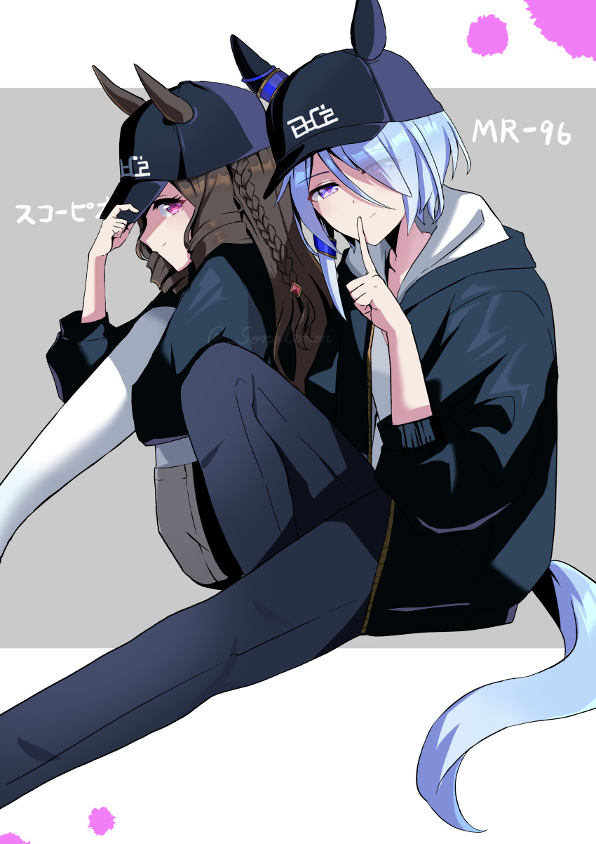 Safebooru - 2girls absurdres animal ears baseball cap black headwear black jacket blue hair ...