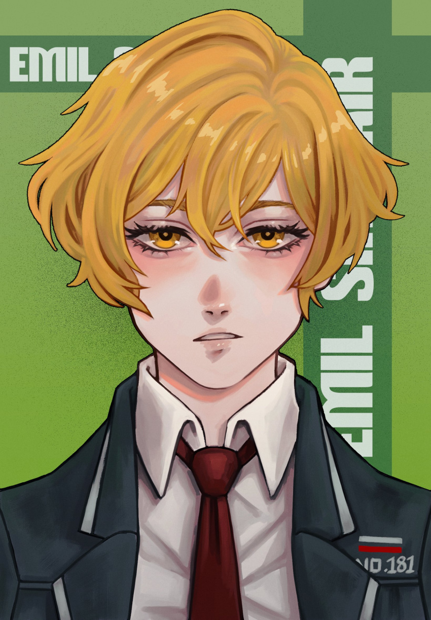 Safebooru - 1boy black jacket blonde hair character name collared shirt doriandotexe eyebrows ...