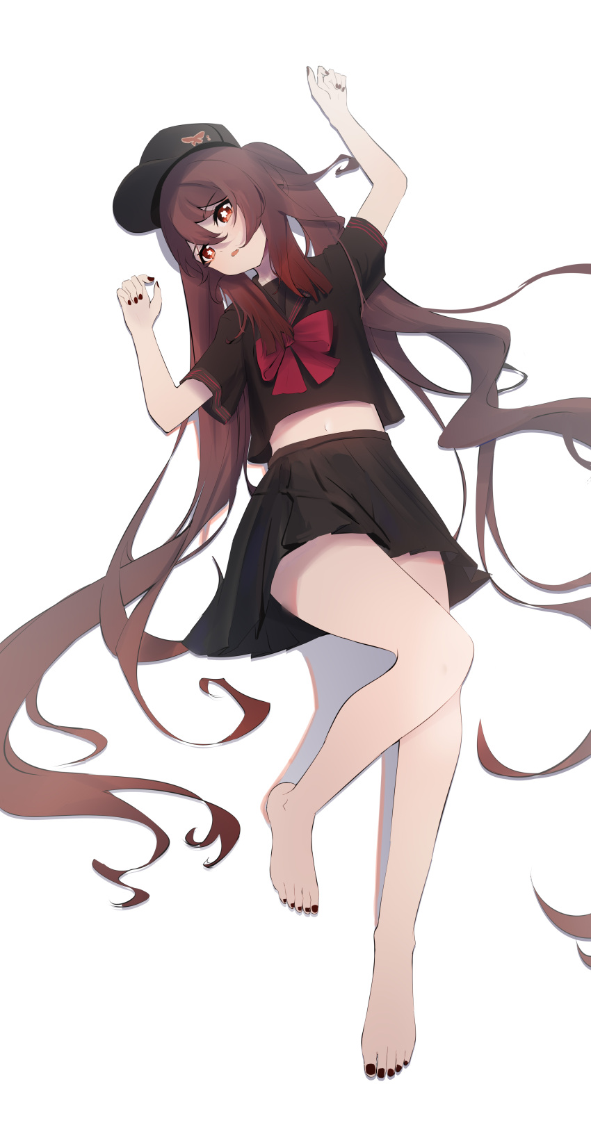 Safebooru - 1girl absurdres barefoot black nails brown hair flower-shaped pupils full body ...