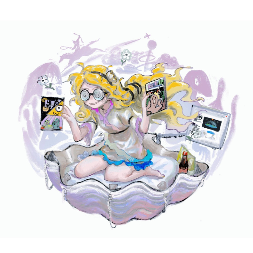 Safebooru - blonde hair full body glass bottle highres holding kneeling ...