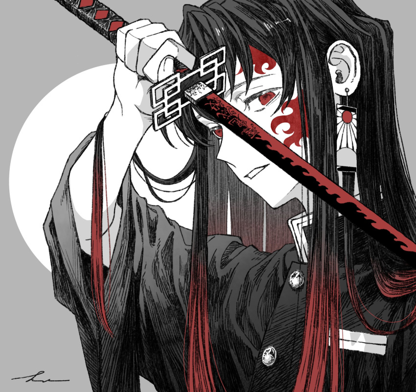Safebooru - 1boy arm up black hair buttons character request demon slayer uniform earrings ...