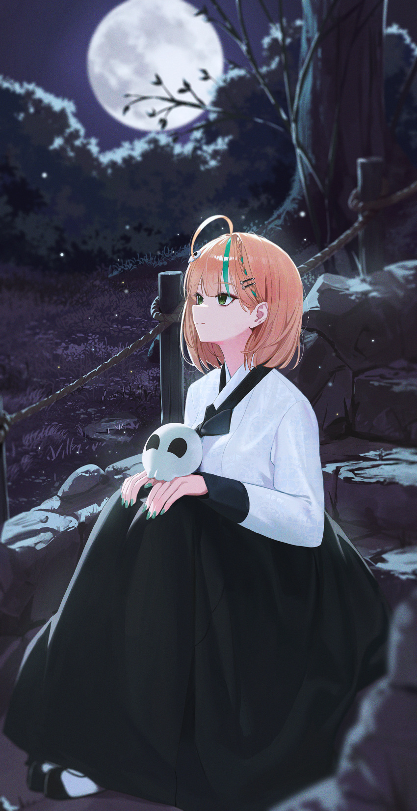 Safebooru - 1girl absurdres ahoge aqua nails aqua streaks black skirt ...