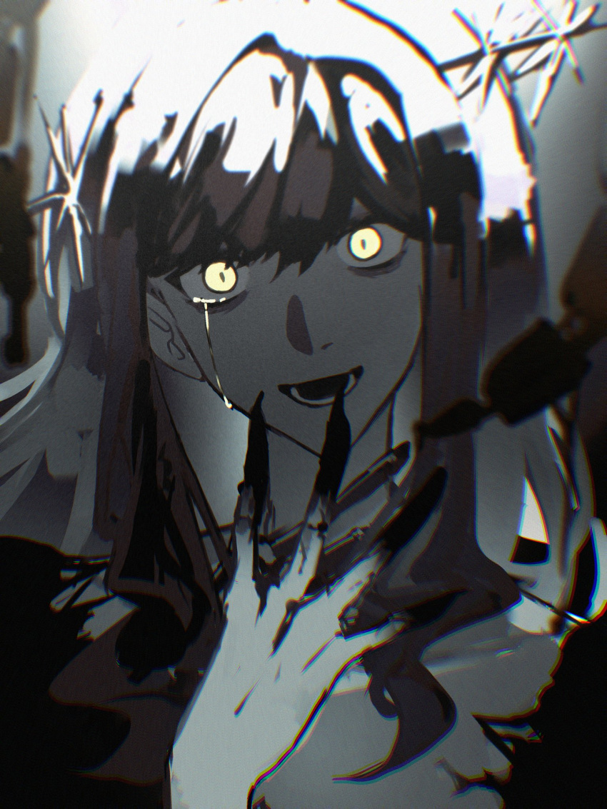 Safebooru - 1girl :d arcana (reverse:1999) chromatic aberration greyscale hand up highres long ...
