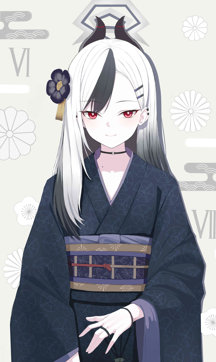 Safebooru - 1girl absurdres black hair black kimono blue archive blush choker closed mouth ...